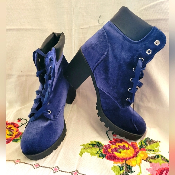 Shoes | Metallic Blue Velvet Boots | Poshmark